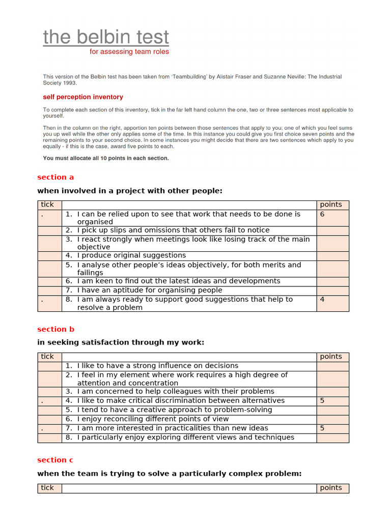 Belbin Team Roles Test For Sts | PDF | Social Psychology | Cognitive ...