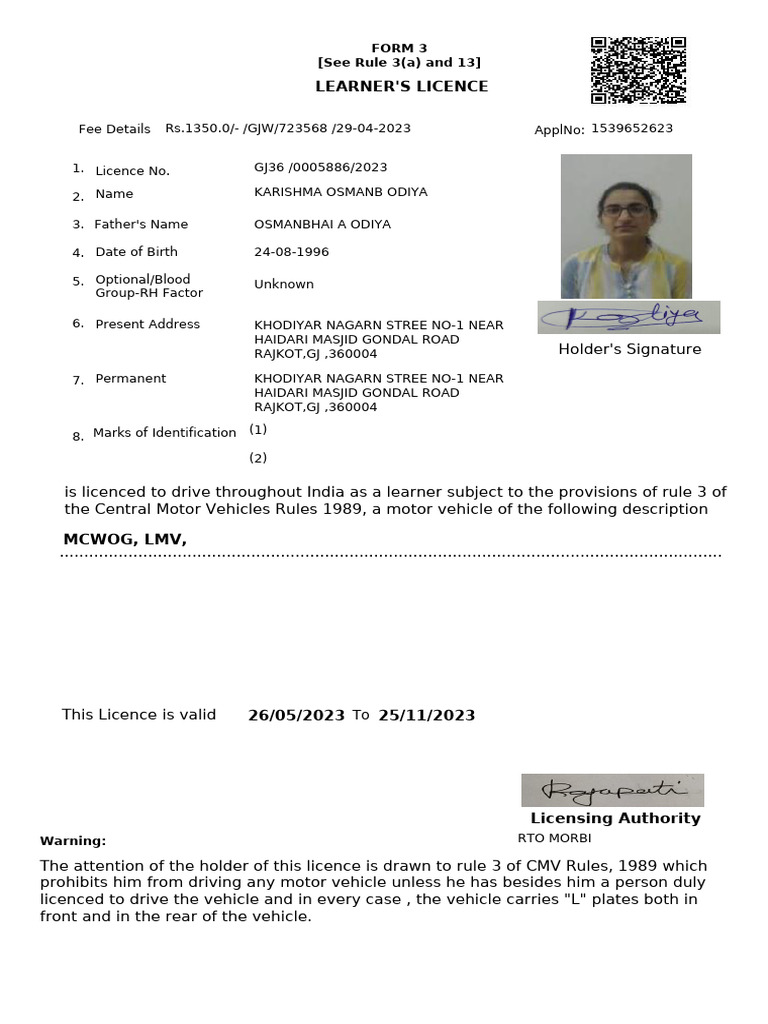 Learner'S Licence: Form 3 (See Rule 3 (A) and 13) | PDF