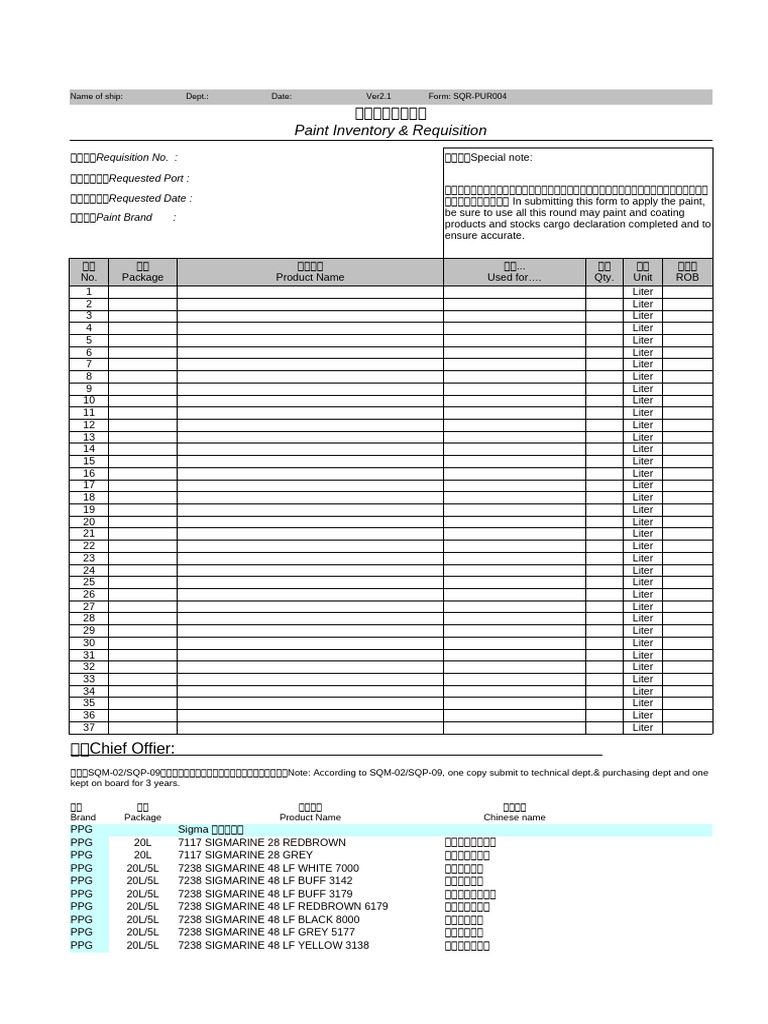 PUR-04 油漆库存及申请单 Paint Inventory & Requisition V2.1 | PDF