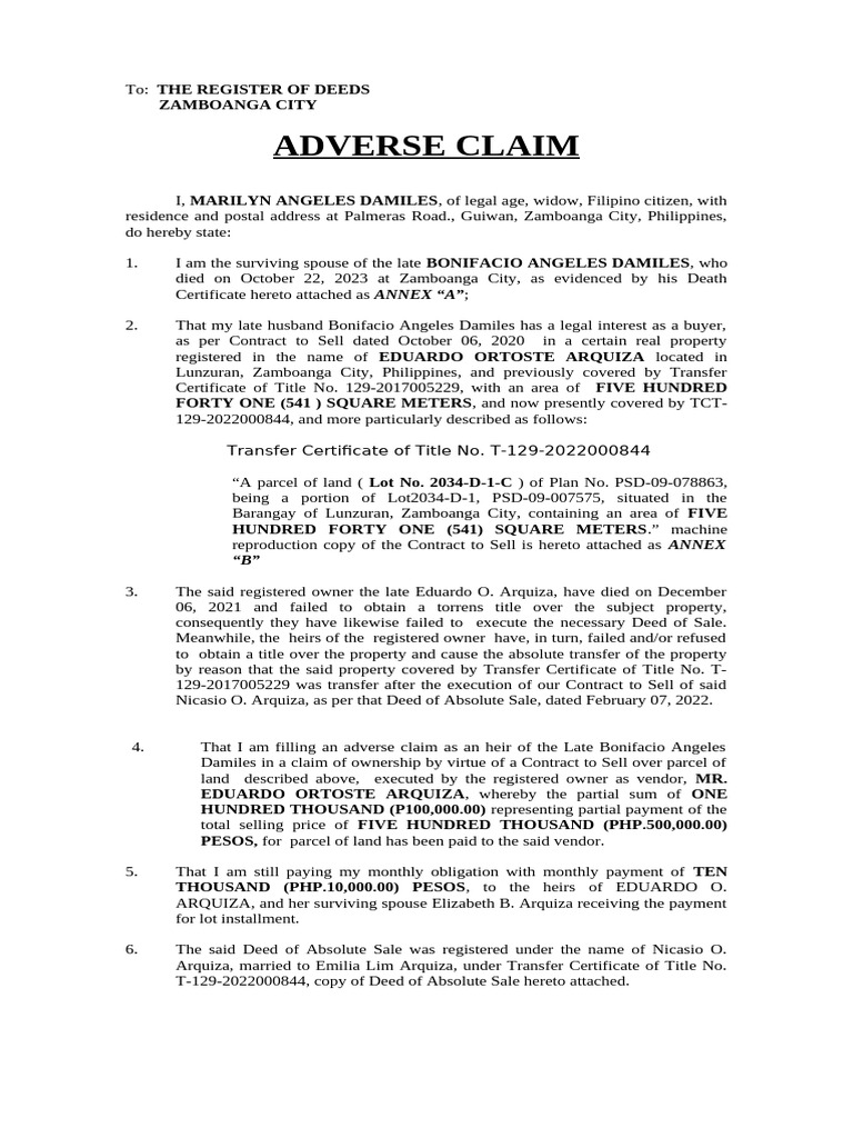 Adverse Claim-Damiles | PDF | Title (Property) | Deed