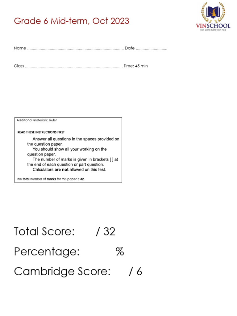 Grade 6 Math Mid Term Exam 2023 | PDF | Mathematics | Arithmetic