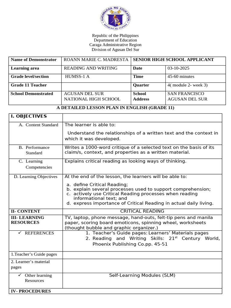 Aguiman Senior High Lesson Plan For Deped | PDF | Lesson Plan | Learning