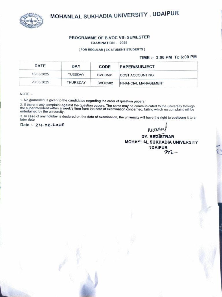 Time Table B.voc. VTH Semester Examination 2025 (For Regular & Ex-Student) | PDF