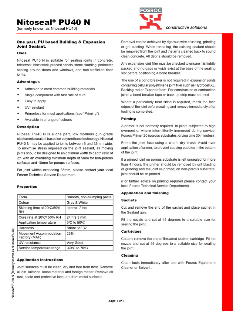 TDS Nitoseal-PU40-N India | PDF | Water | Concrete