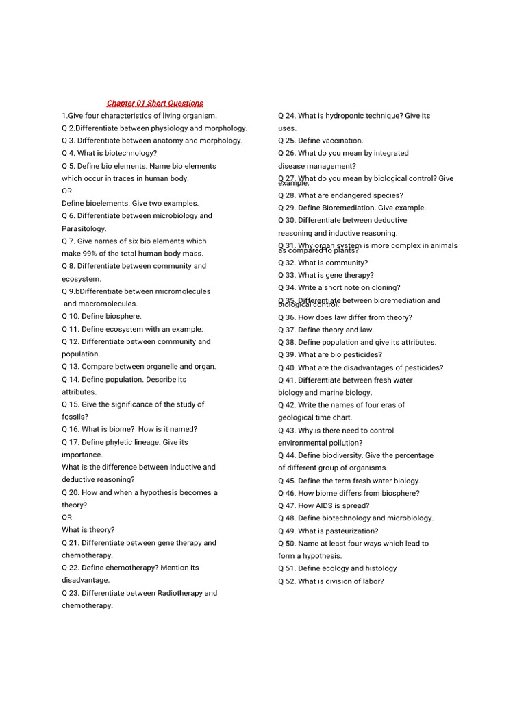 Biology Chapter 1 Short Questions Guide | PDF | Biology | Life Sciences