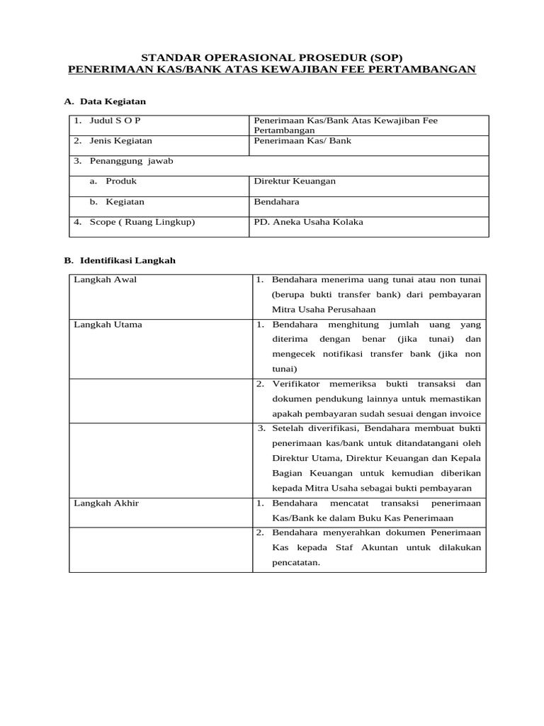 SOP3 - Penerimaan Kas Atas Kewajiban Fee | PDF
