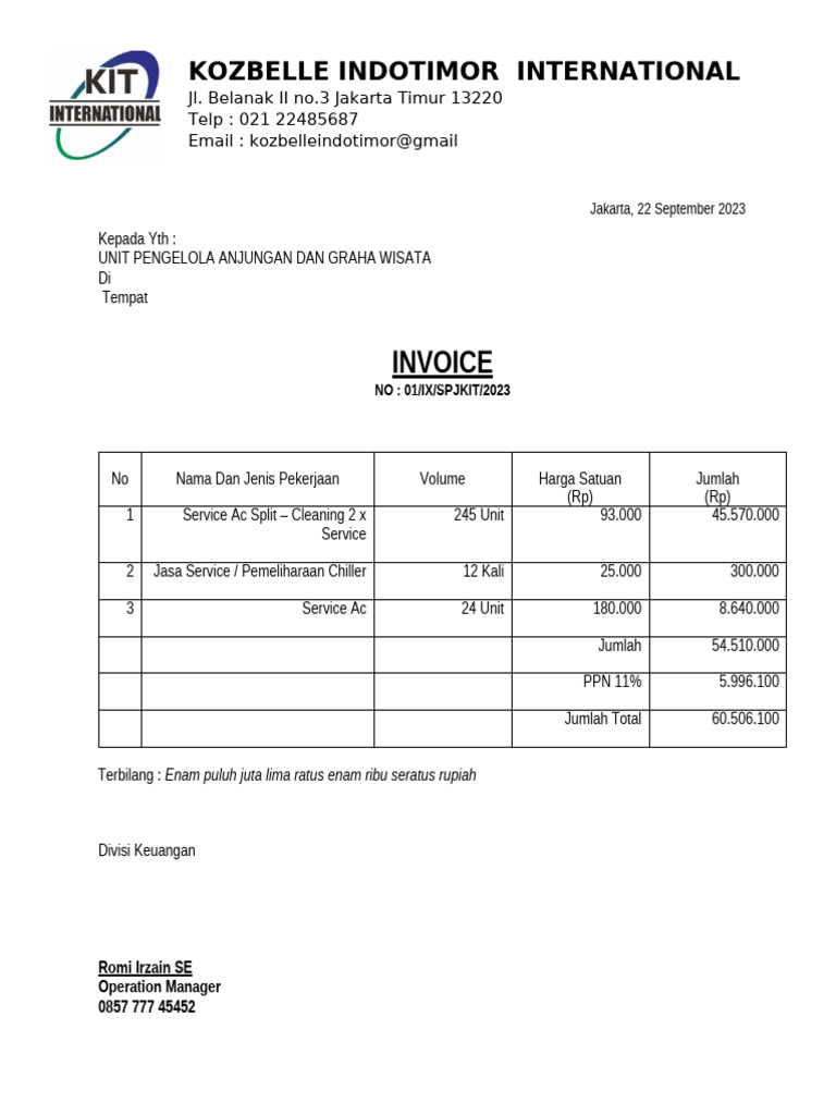 Invoice Jasa Service AC dan Chiller | PDF
