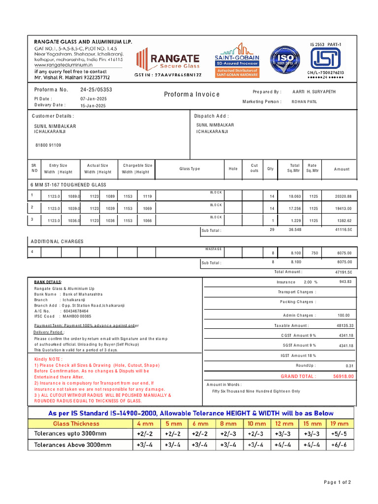 Proforma Invoice for Glass Order | PDF