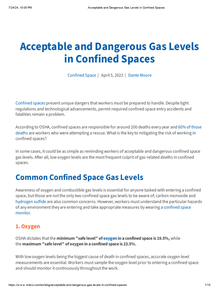 Acceptable and Dangerous Gas Levels in Confined Spaces | PDF ...