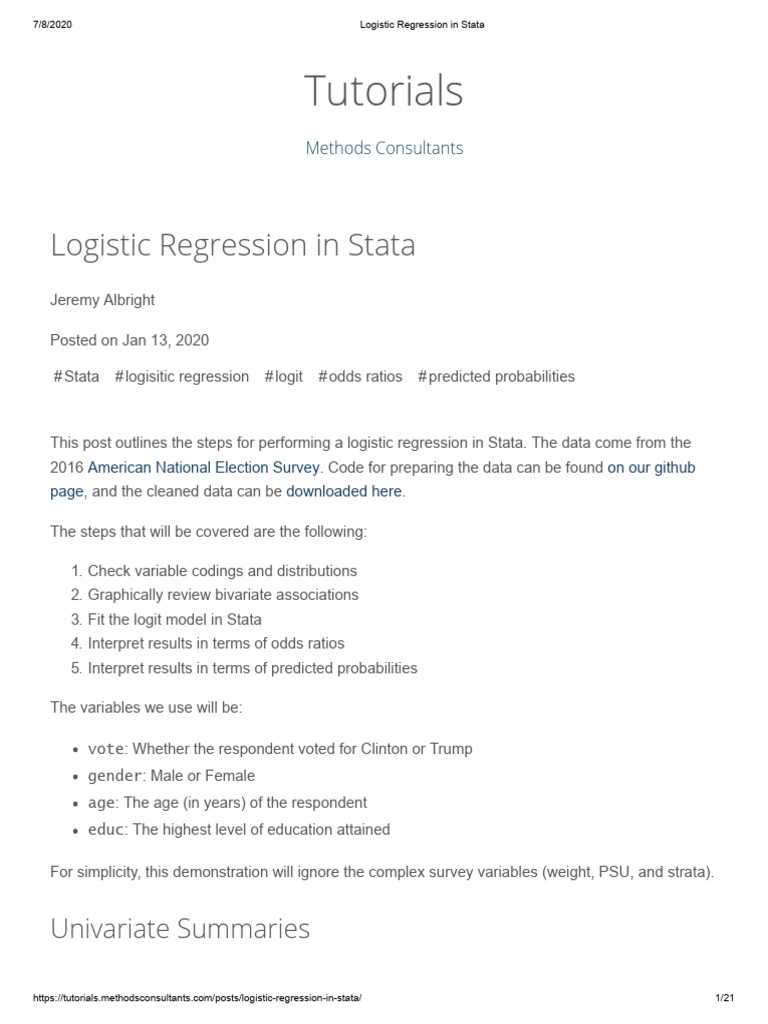 Logistic Regression in Stata | PDF | Logistic Regression | Regression Analysis