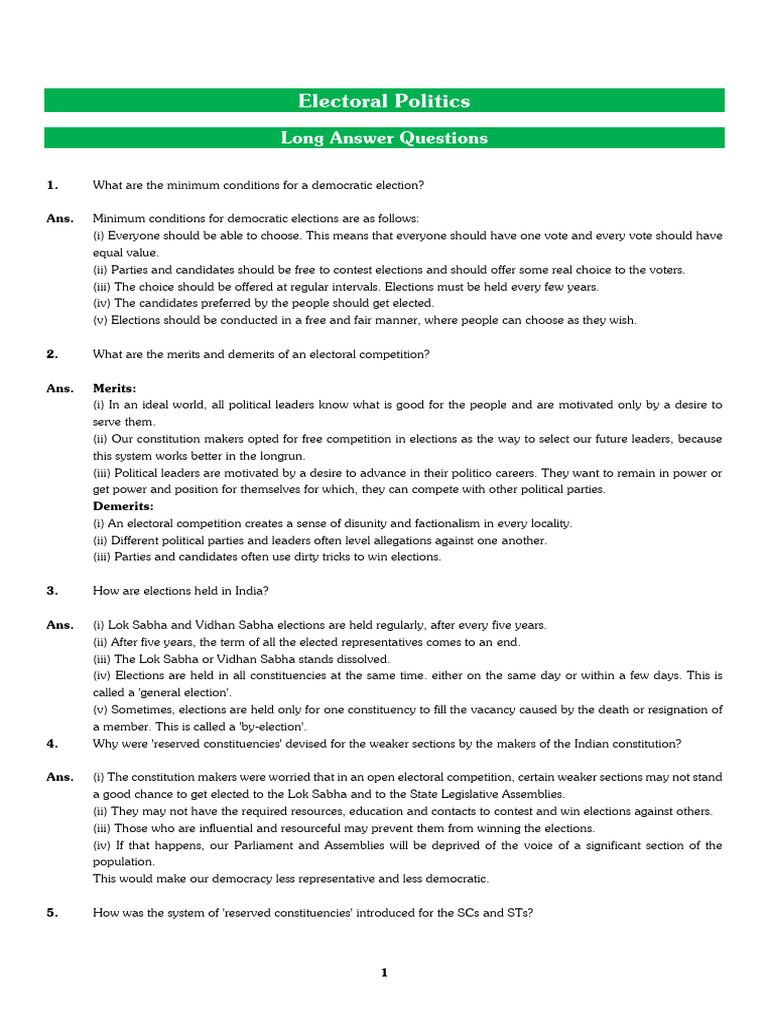 Electoral Politics - IMP Questions (Class-9) | PDF | Elections | Voting