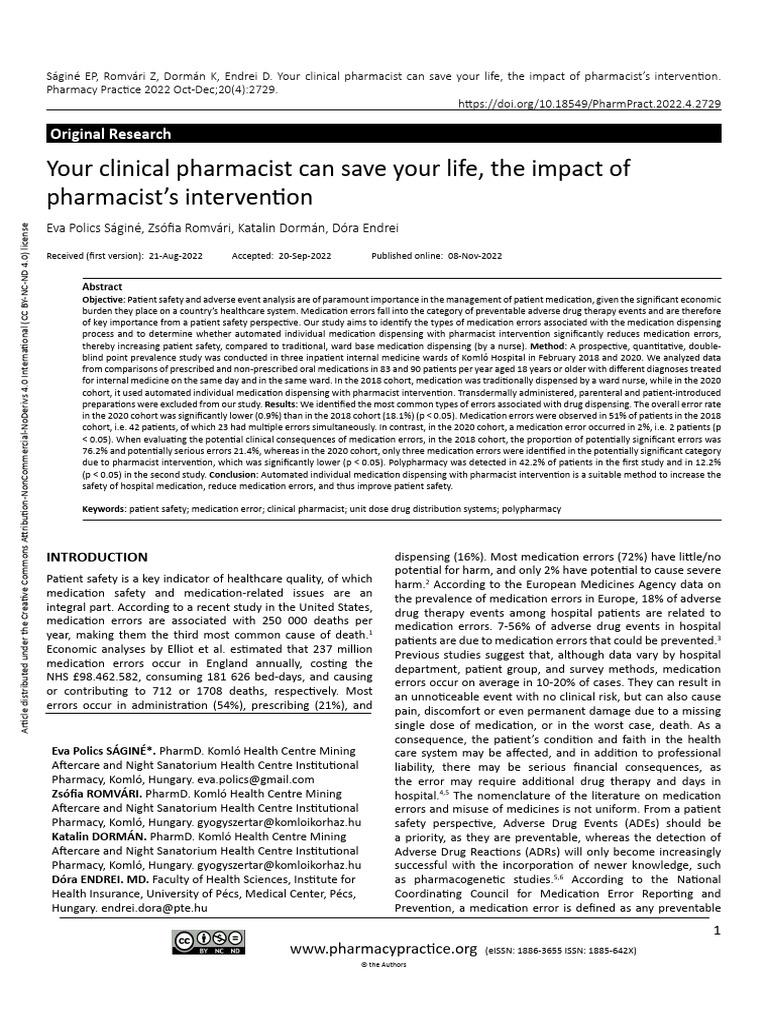 Your Clinical Pharmacist Can Save Your Life, The Impact of Pharmacist's Intervention | PDF ...