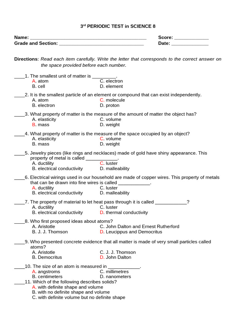 Science 8 Periodic Test Questions | PDF | Atoms | Proton