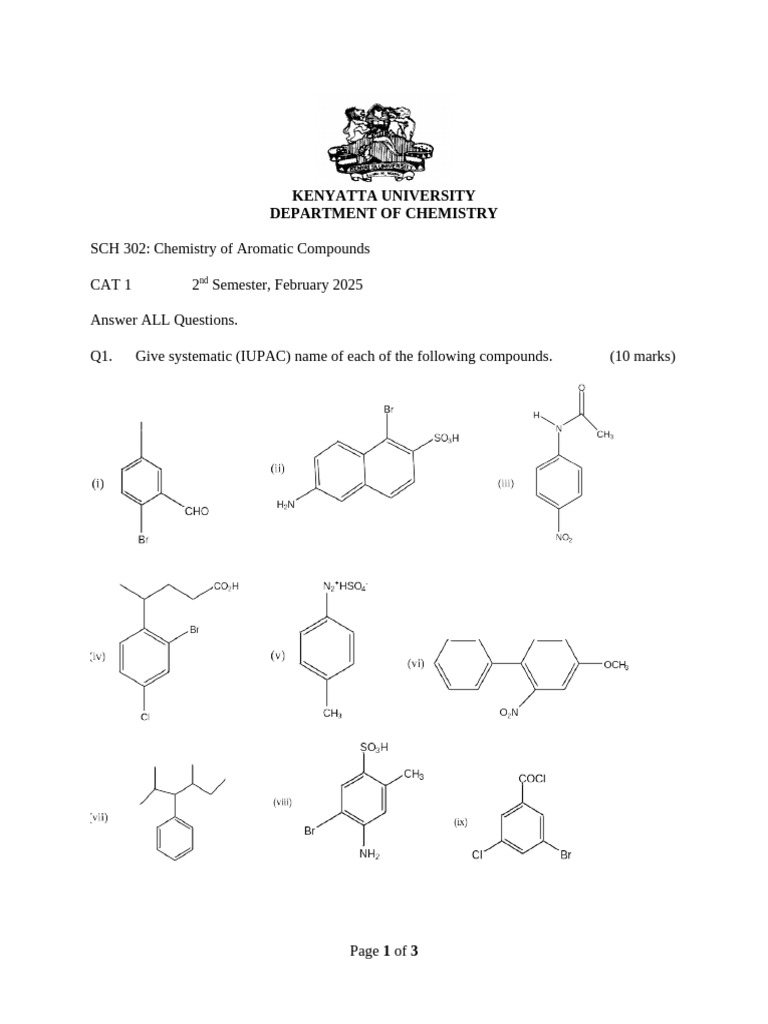 SCH 302 CAT1 2nd Semester, February 2025 | PDF