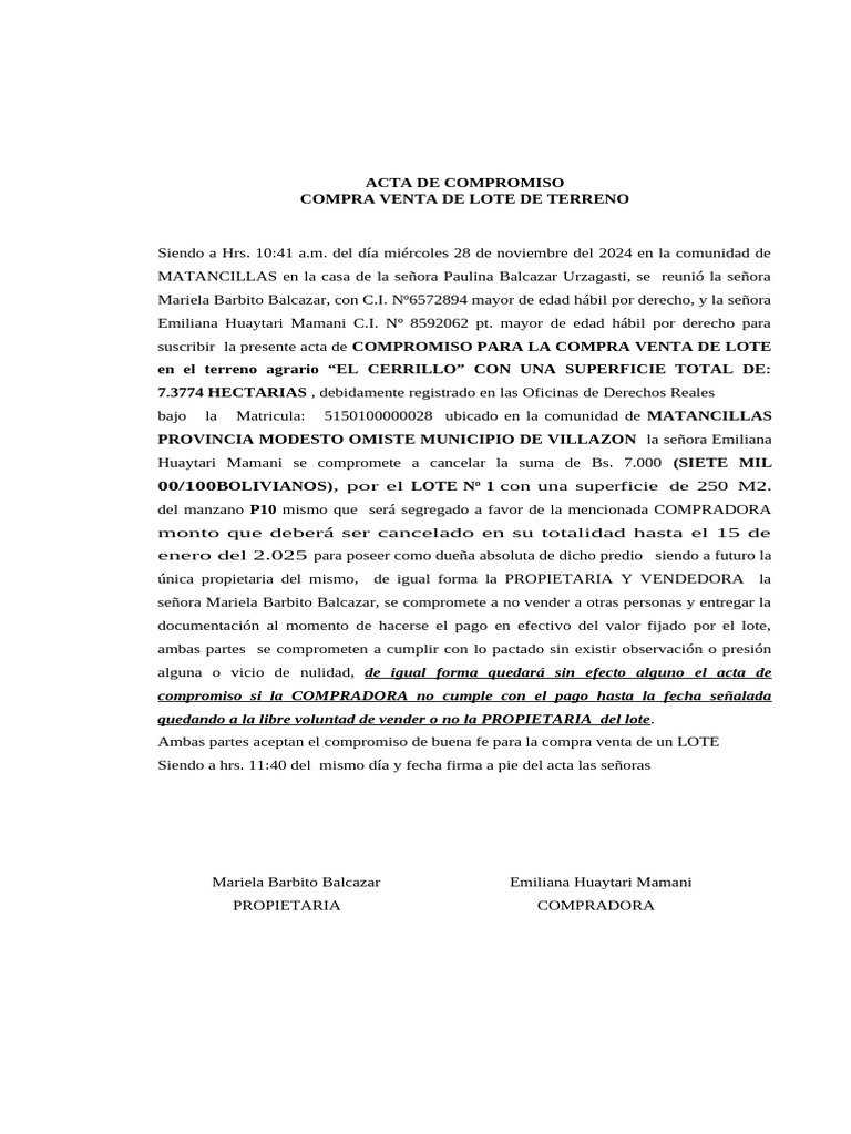 Acta de Compra Venta de Terreno | PDF