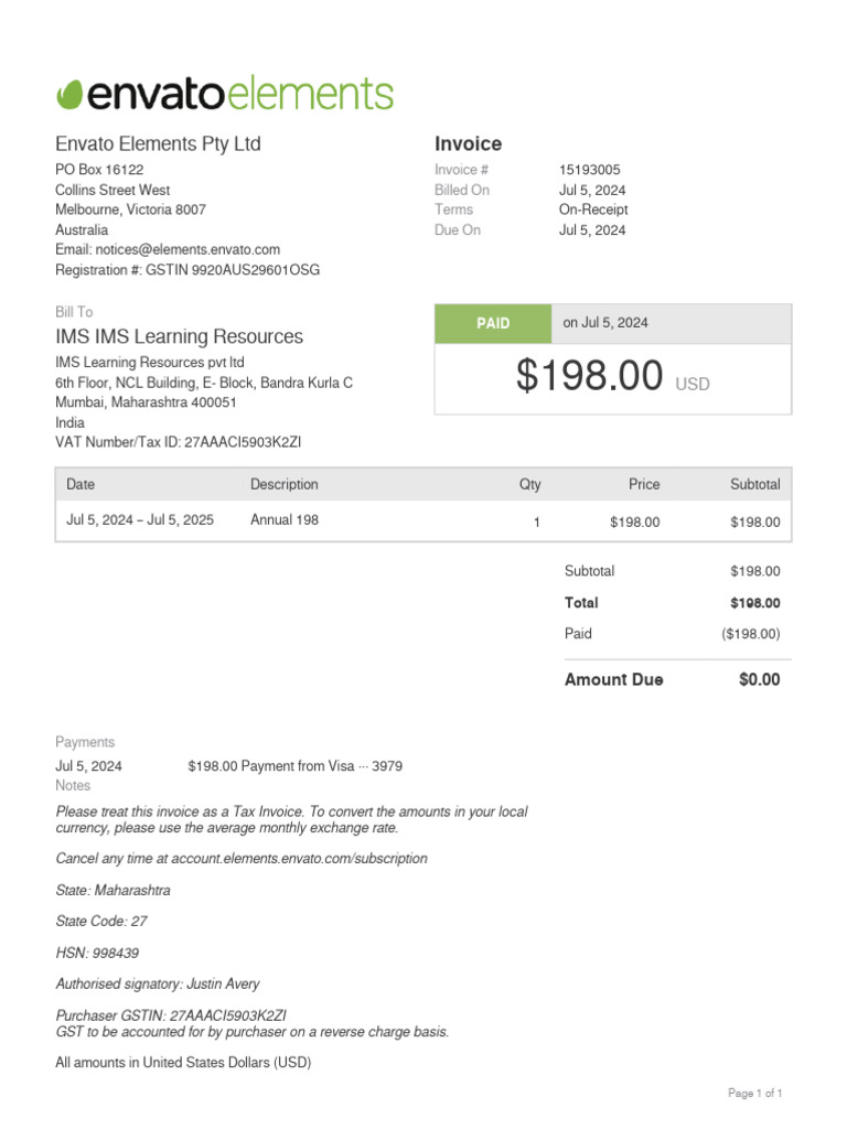 Envato Elements Annual Invoice $198 | PDF
