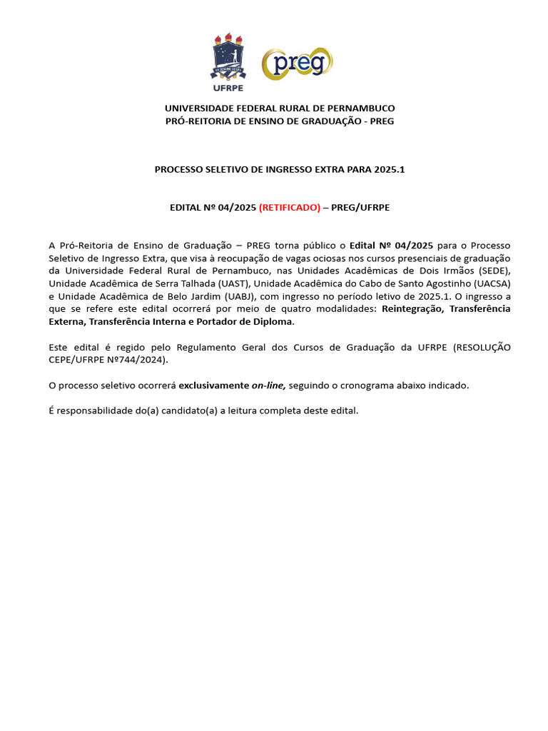 RETIFICADO EDITAL N. 04 Processo Seletivo Extra 2025.1.docx 1 | PDF ...