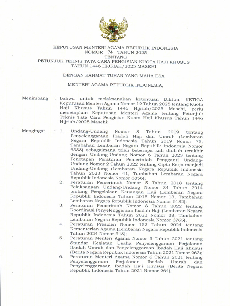 Kma 74 Juknis Tata Cara Pengisian Kuota Haji Khusus 1446hpdf | PDF