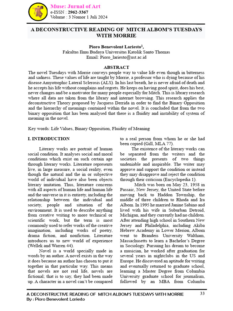 A Deconstructive Reading of Mitch Albom Tuesday With Morrie | PDF ...