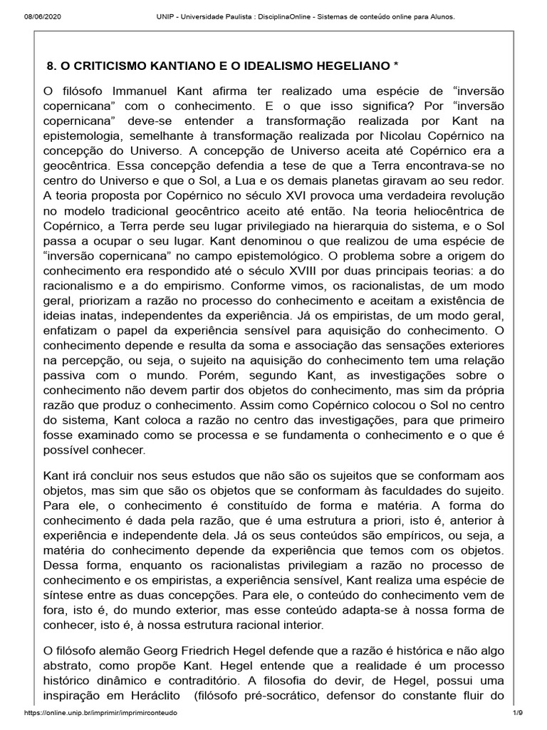 Kant e Hegel: Epistemologia e Dialética | PDF | Immanuel Kant | Dialética