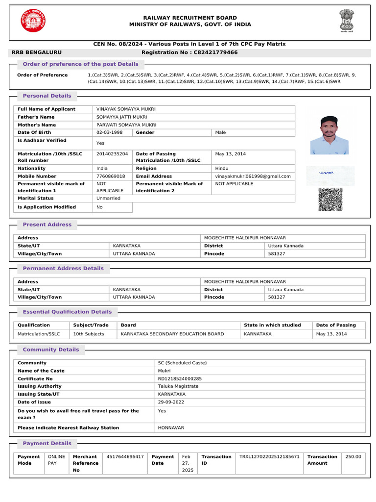 RRB Bengaluru Application Details 2024 | PDF