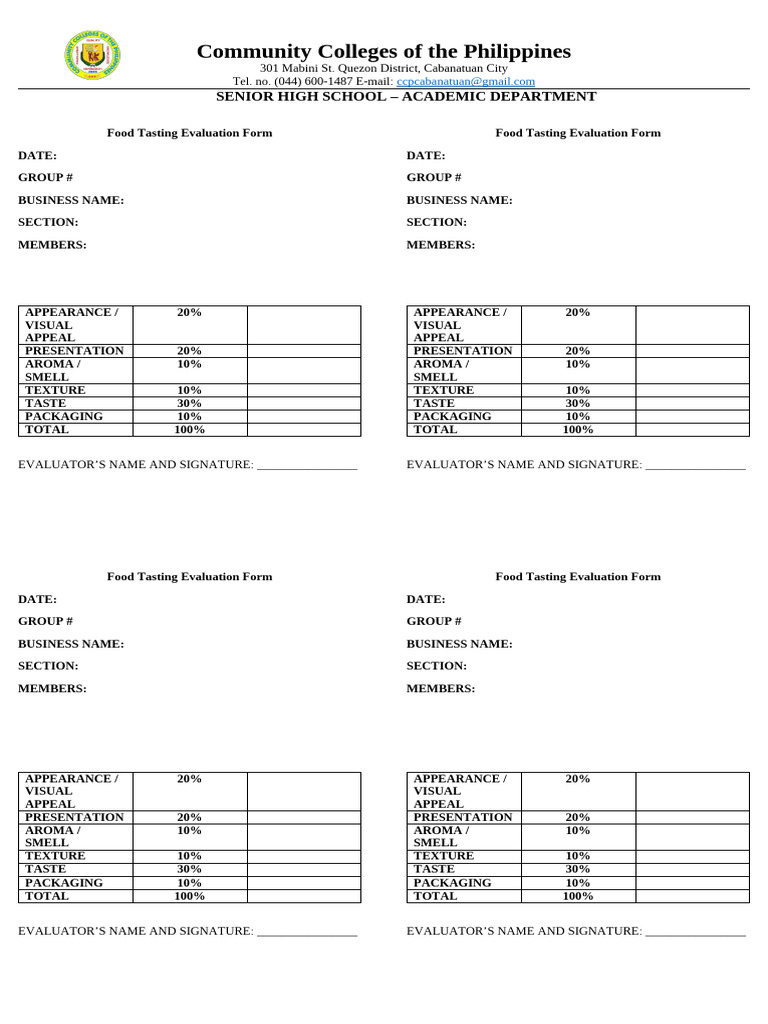 Food Tasting Evaluation Form | PDF | Nervous System | Neuroscience