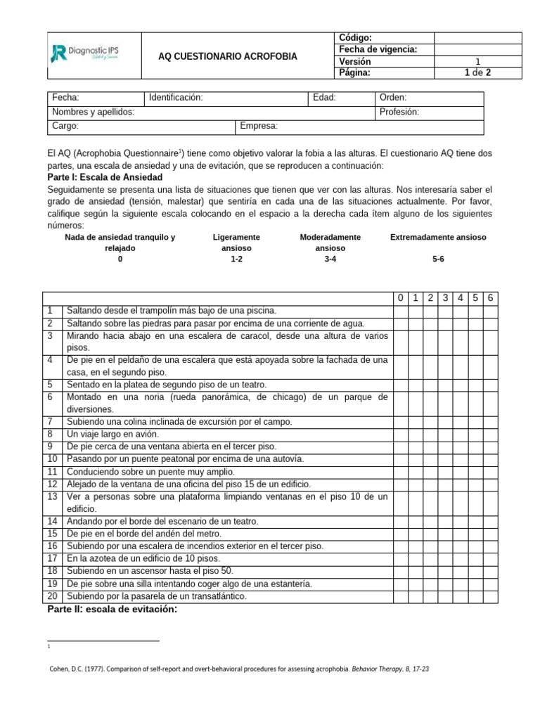Cuestionario de Acrofobia AQ | PDF
