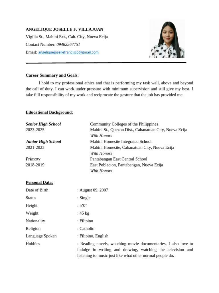 Work Immersion Resume Angge | PDF