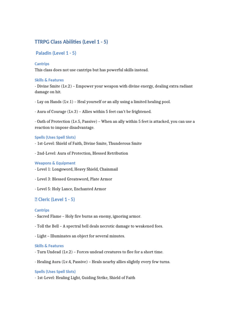 TTRPG Class Abilities Level 1 To 5 | PDF | Armour