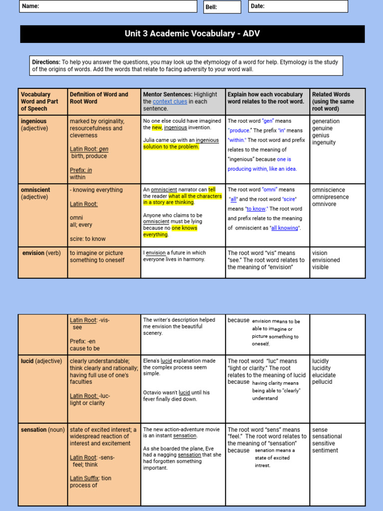 Hamidu Berete - Copy of Unit 3 - Academic Vocabulary - ADV | PDF | Word ...