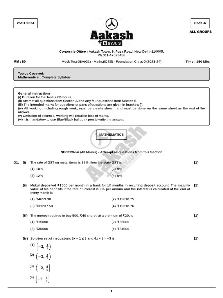 ICSE Mock Test-8A - All Groups (C-10) - Mathematics (25!01!2024) | PDF