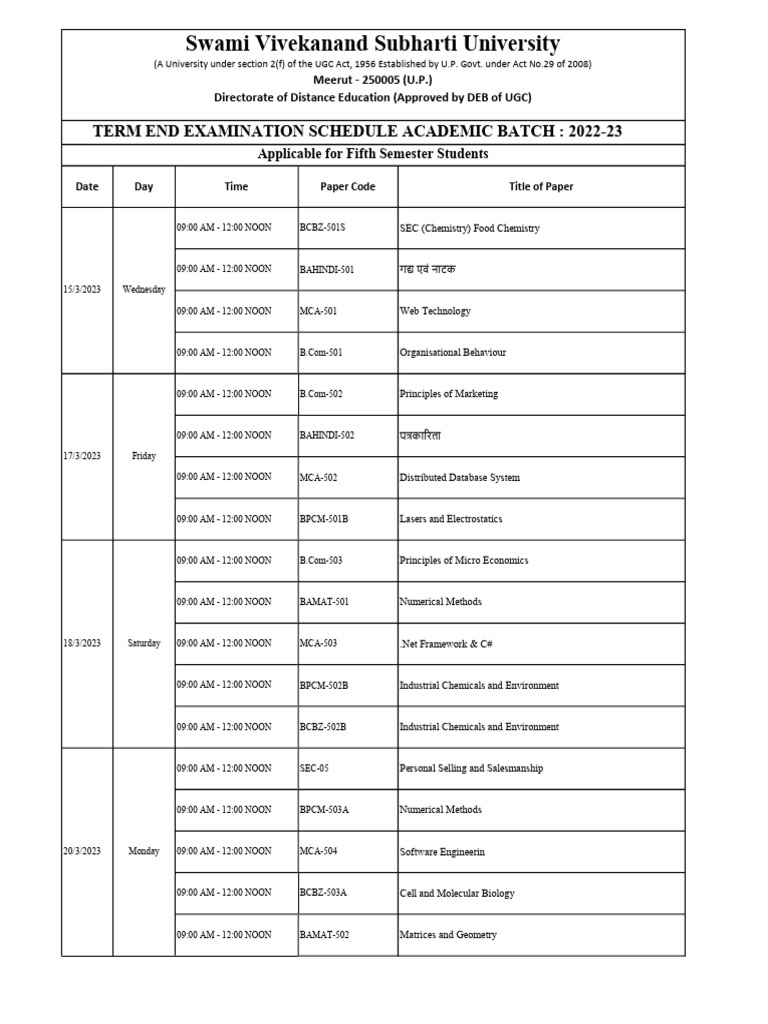 Main Examination 5th Semester Date Sheet of Academic Batch-2022-23 | PDF | Science