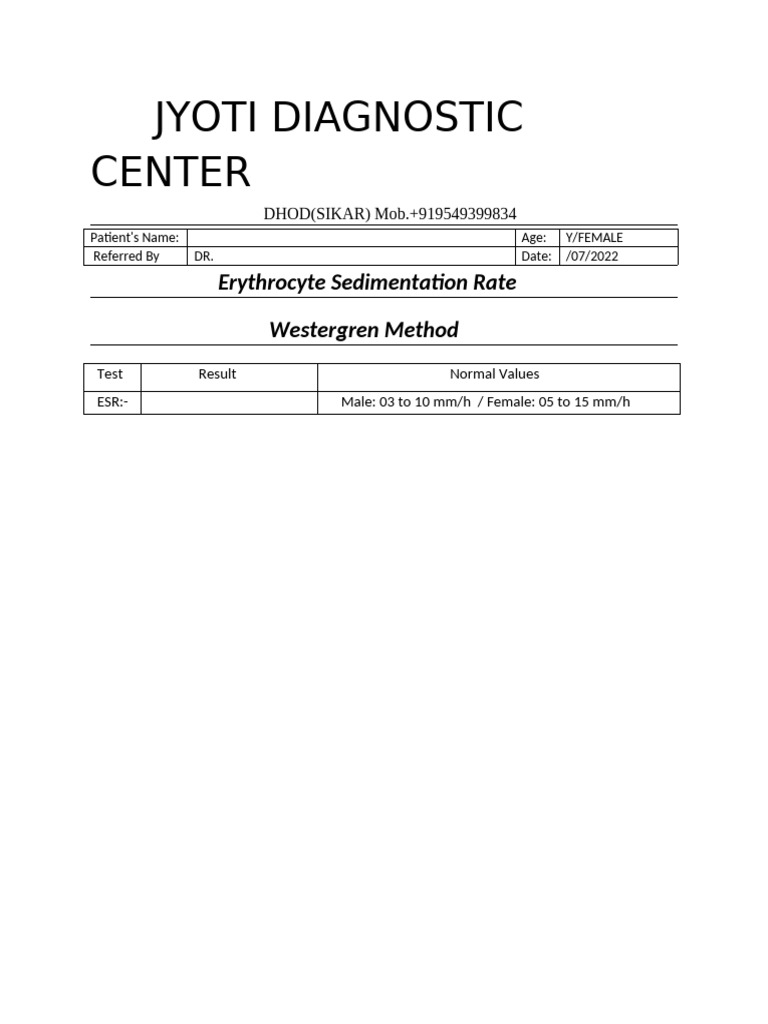 ESR Report for Female Patient | PDF