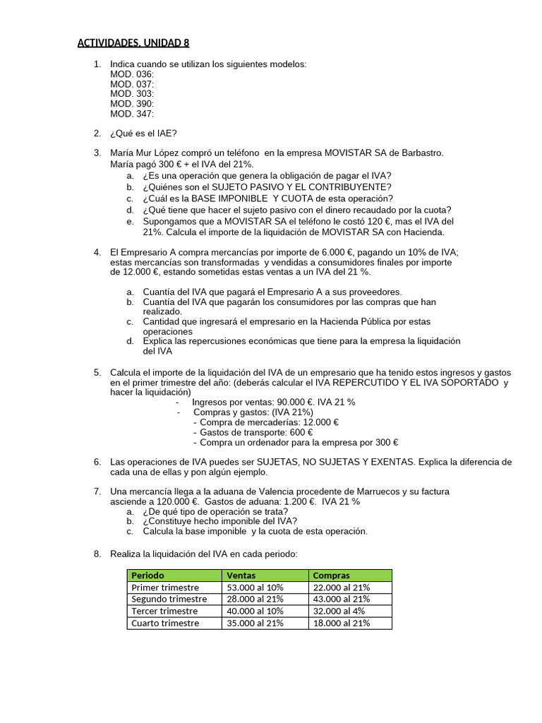 Actividades Unidad 8 Eya | PDF | Impuesto al valor agregado | Pagos