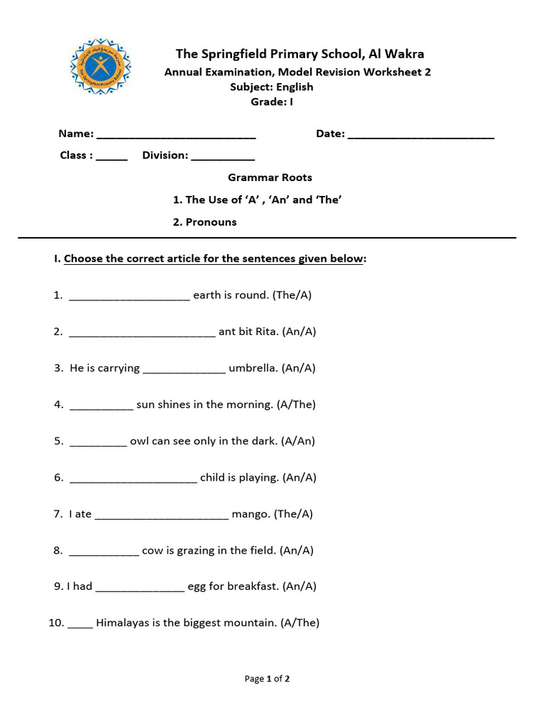 Grade 1 English Grammar Worksheet | PDF