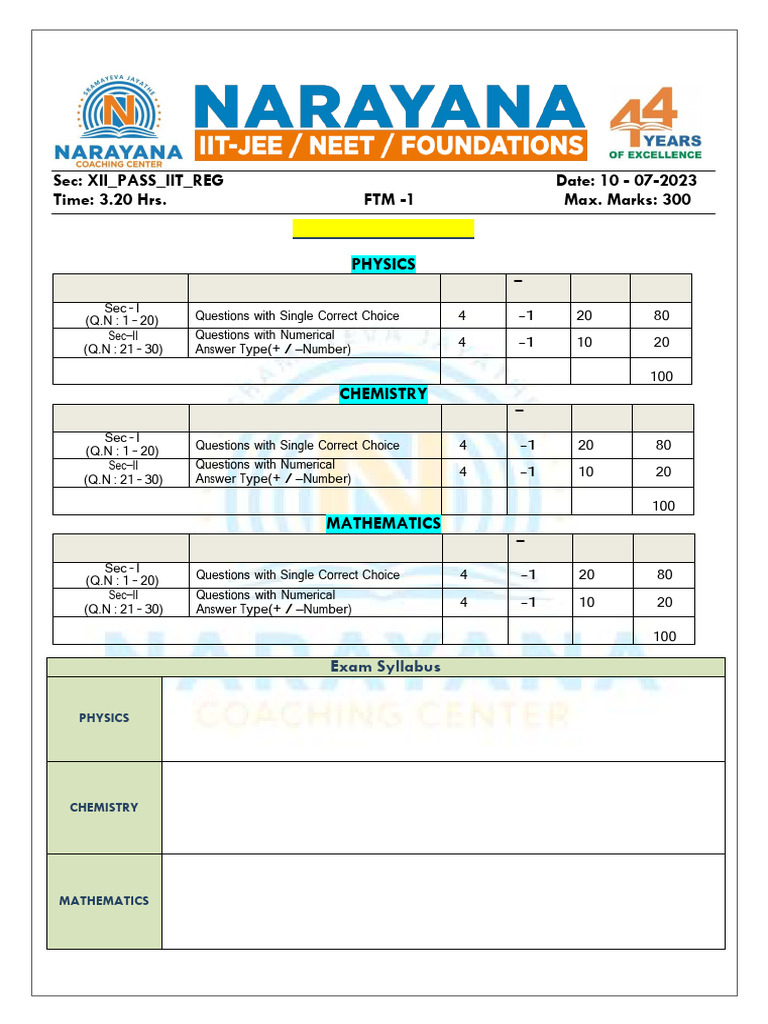 FTM 01 - 10 07 2023 - QP PDF | PDF | Euclidean Vector | Redox