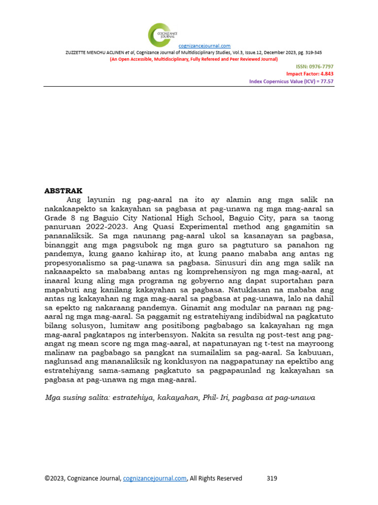 Antas NG Kasanayan Sa Pag-Unawa Sa Pagbasa NG Mga | PDF
