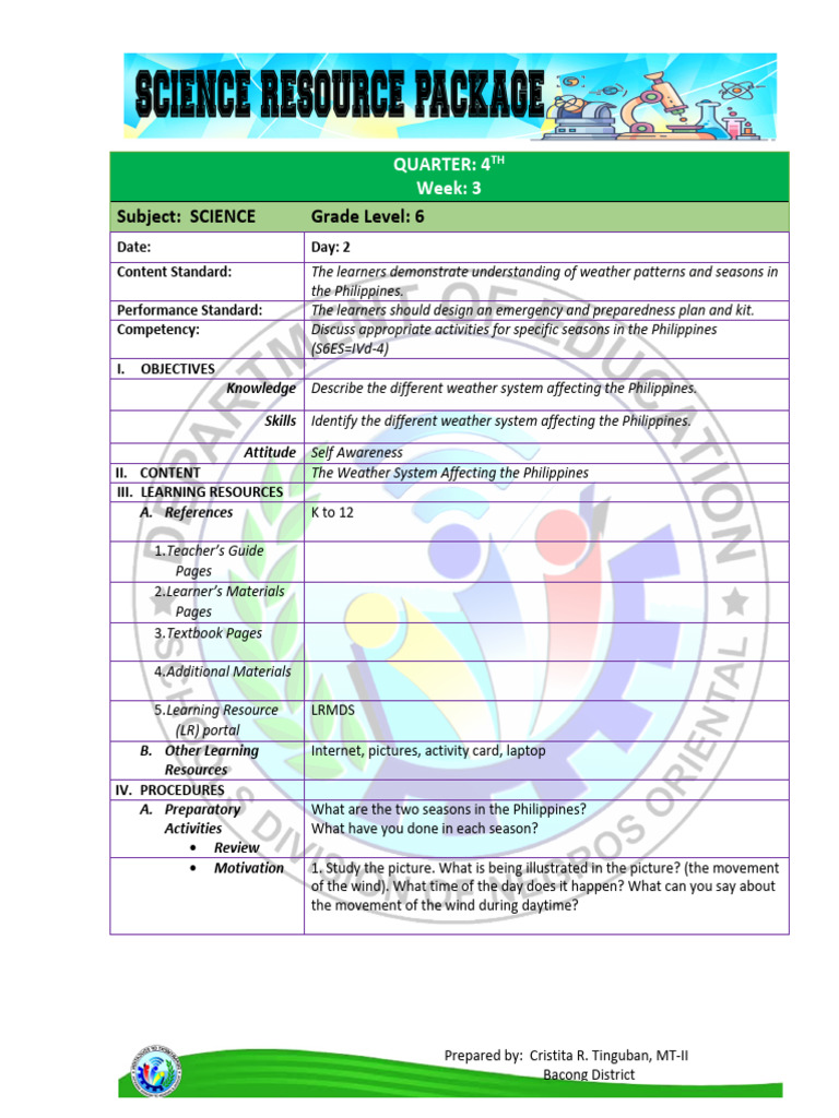 DLP Sci 6 - Q4-Week 3 - Day 2 | PDF | Monsoon | Weather