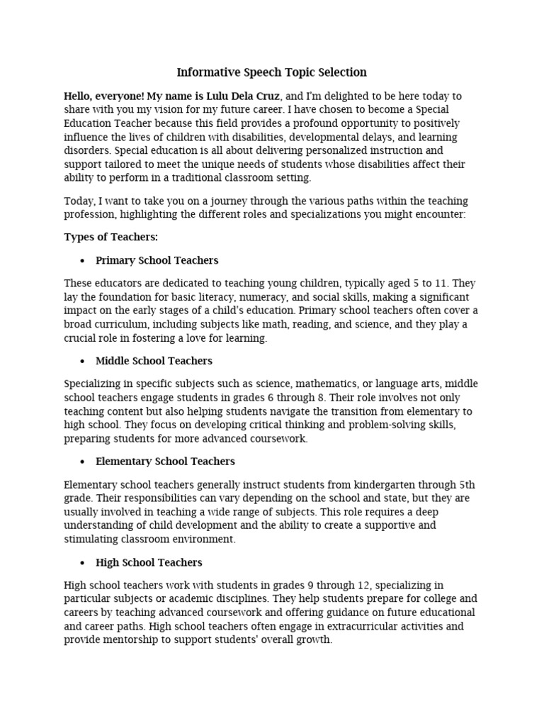 Informative Speech Topic Selection | PDF | Teachers | English As A Second Or Foreign Language