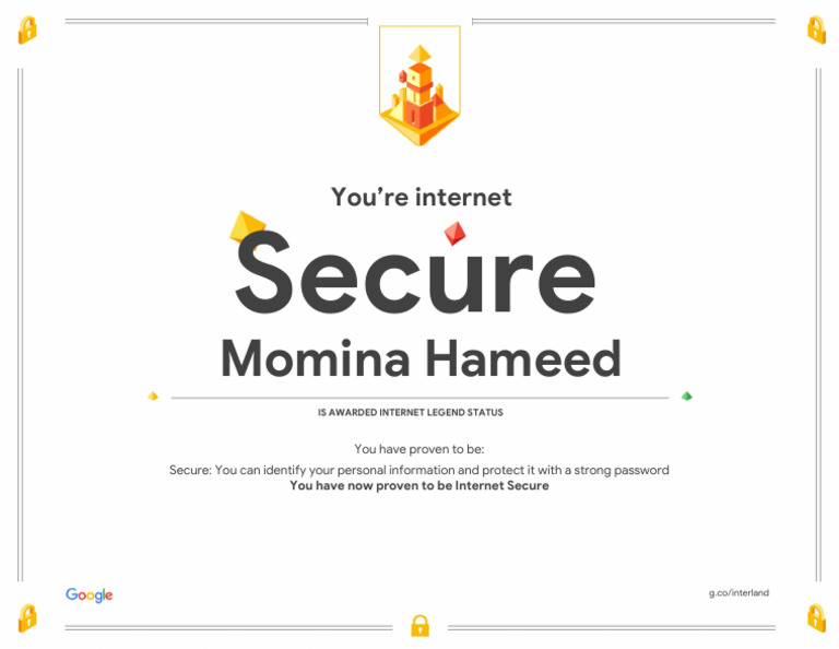 Google Interland Momina Hameed Certificate of Secure | PDF