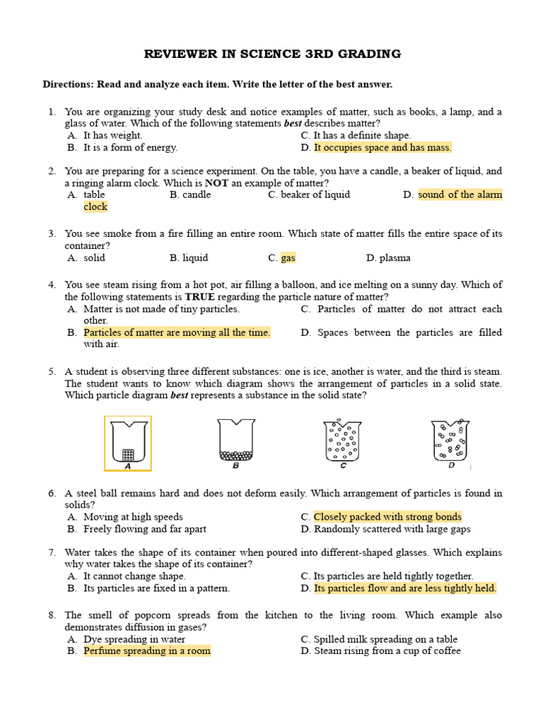 3rd Grade Science Matter Review Questions | PDF | Proton | Atoms