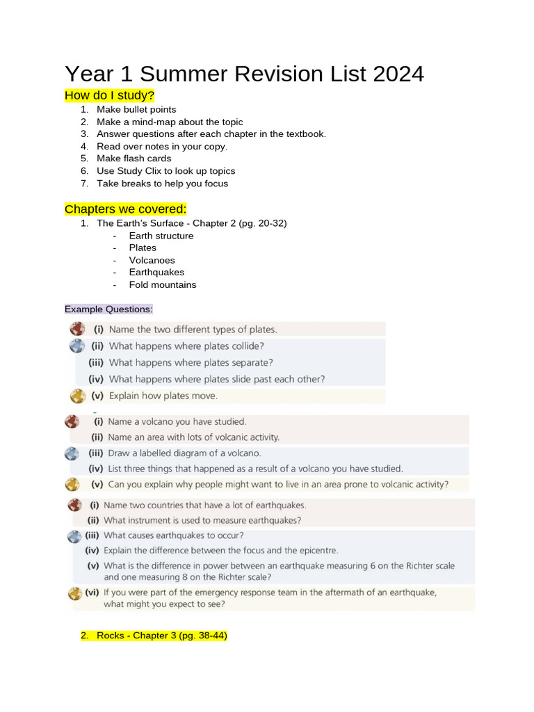 Year 1 Summer Revision List 2024 | PDF