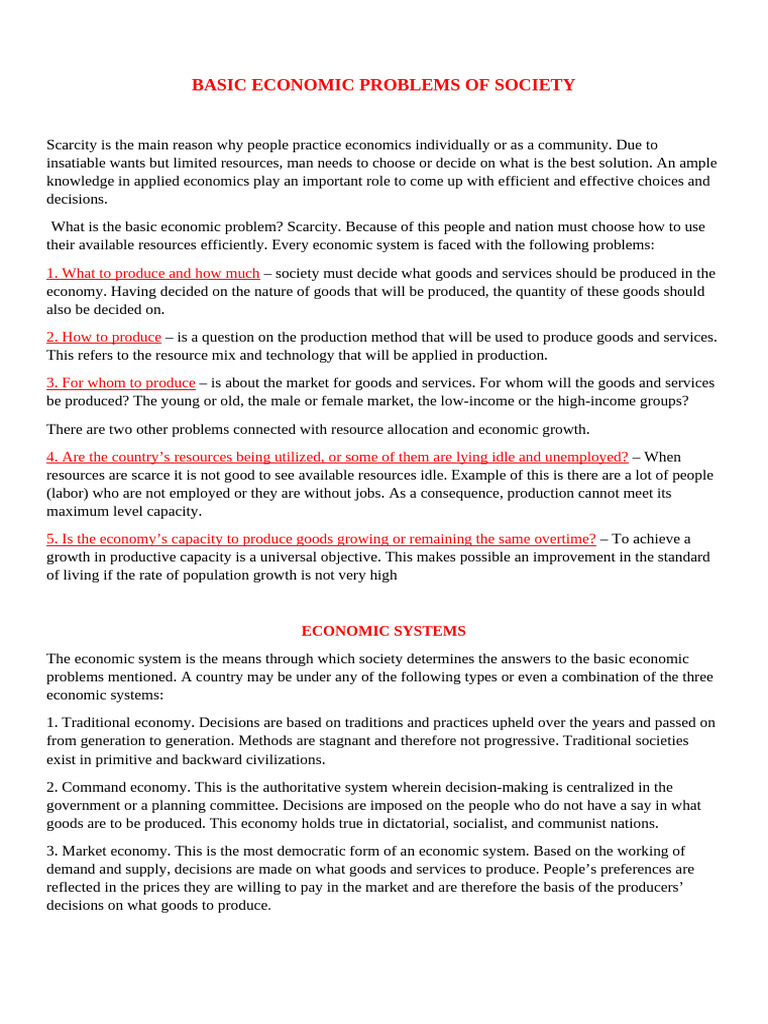 Basic Economic Problems of Society | PDF | Economics | Economic System