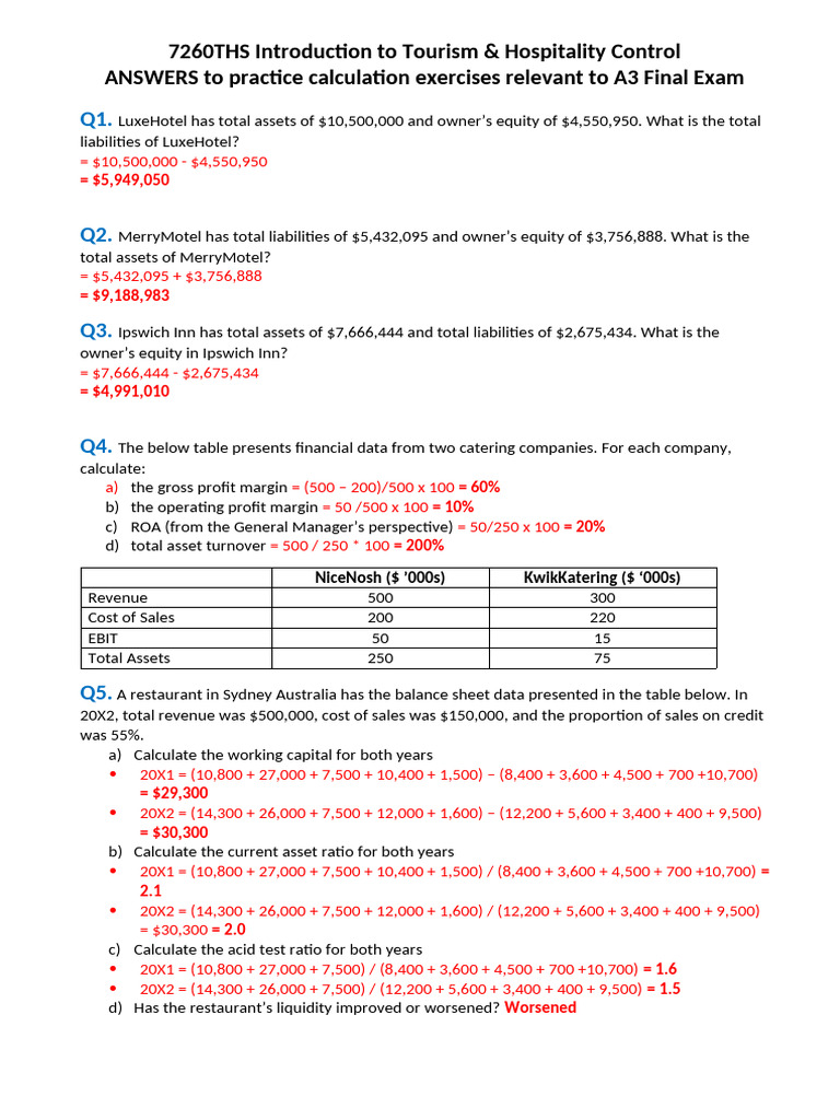 Answers To The Practice Calculation Exercises A3 Practice Questions ...