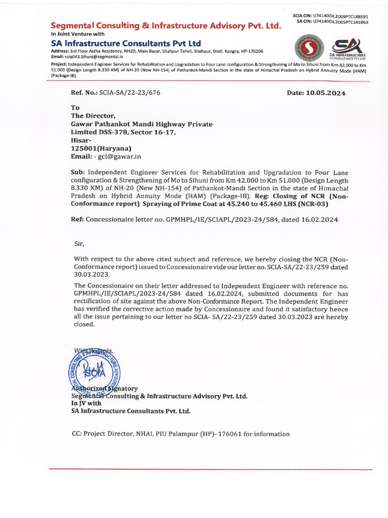 Letter No-676, Closing of NCR-03 Spraying of Prime Coat. | PDF
