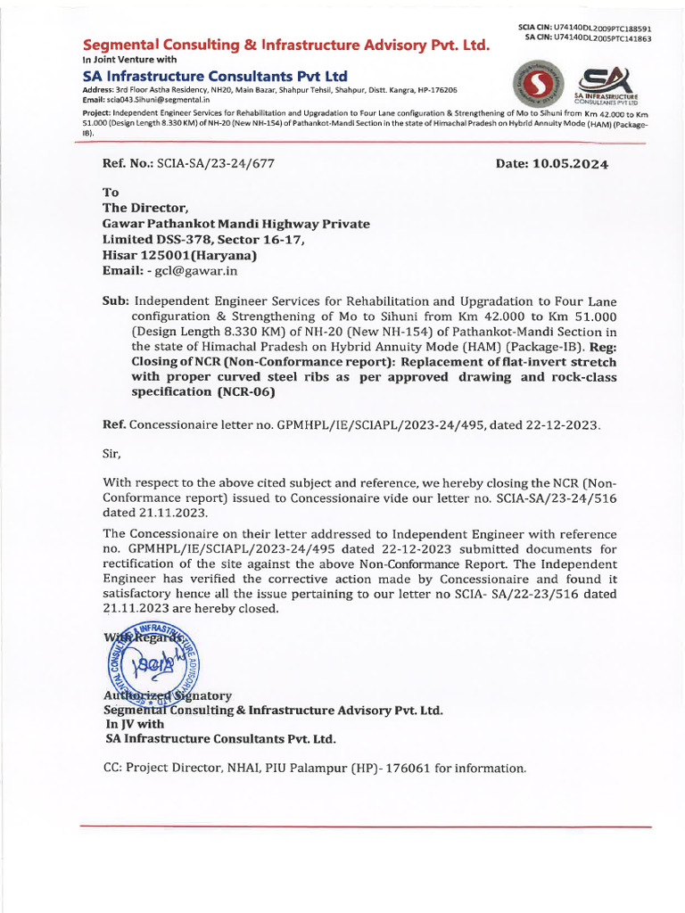Letter No-677, Closing of NCR-06 Replacement of Flat Invert Stretch. | PDF