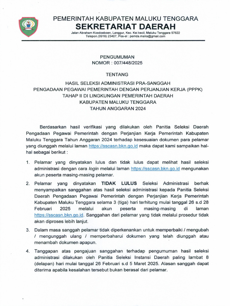 Pengumuman Seleksi Administrasi Pra Sanggah PPPK Tahap II | PDF