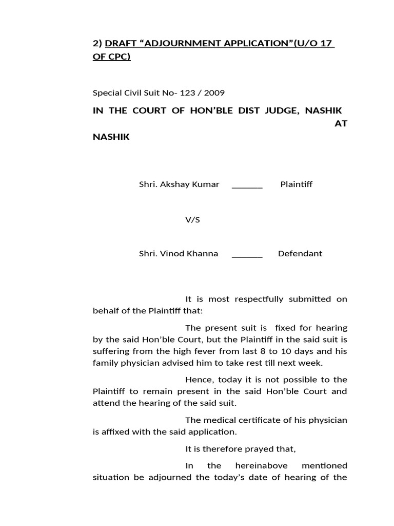 Adjournment Request in Nashik Suit | PDF