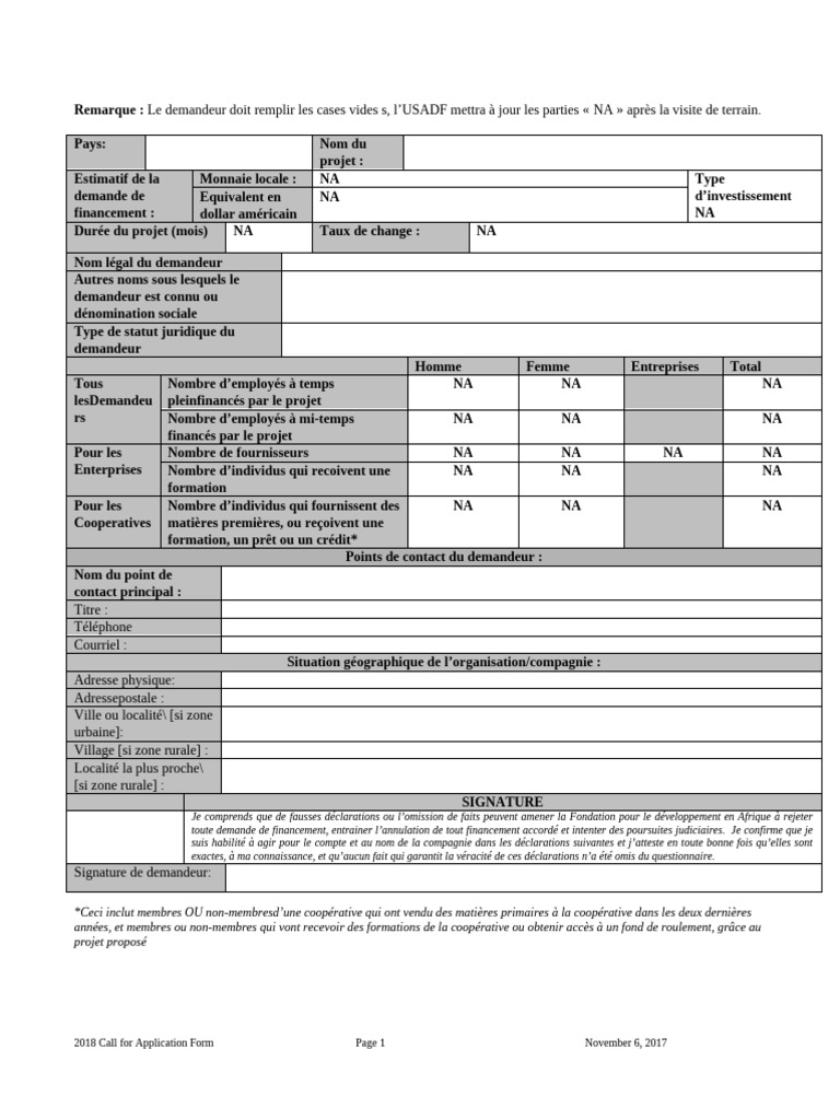 Demande de financement USADF 2018 | PDF | Fermier | Bourse (Argent)