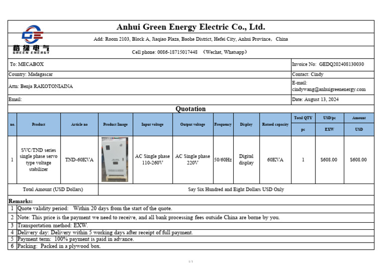 Quotation of TND-60KVA 220V Single Phase Voltage Stabilizer From Cindy ...